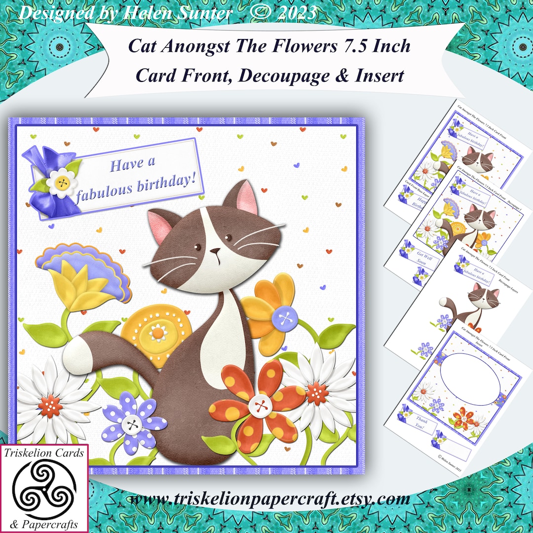 Printable Cat Amongst the Flowers Card Front Digital Card Making Kit ...