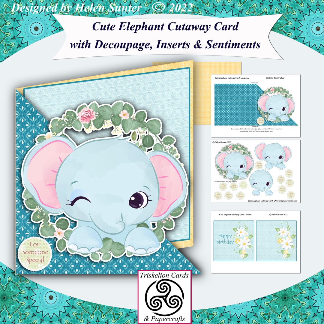 Printable Cute Elephant Cutaway 3D Decoupage Digital Card Making Kit ...