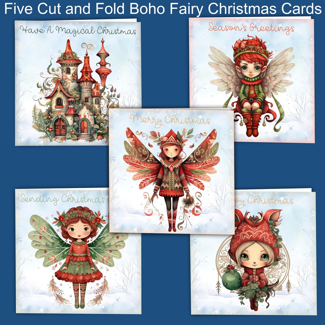 Set of 5 Boho Fairy Christmas Cards to Print, Cut and Make, Cut and ...