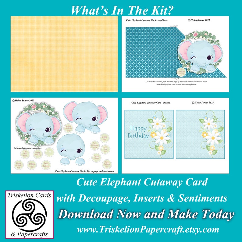 Printable Cute Elephant Cutaway 3D Decoupage Digital Card Making Kit ...