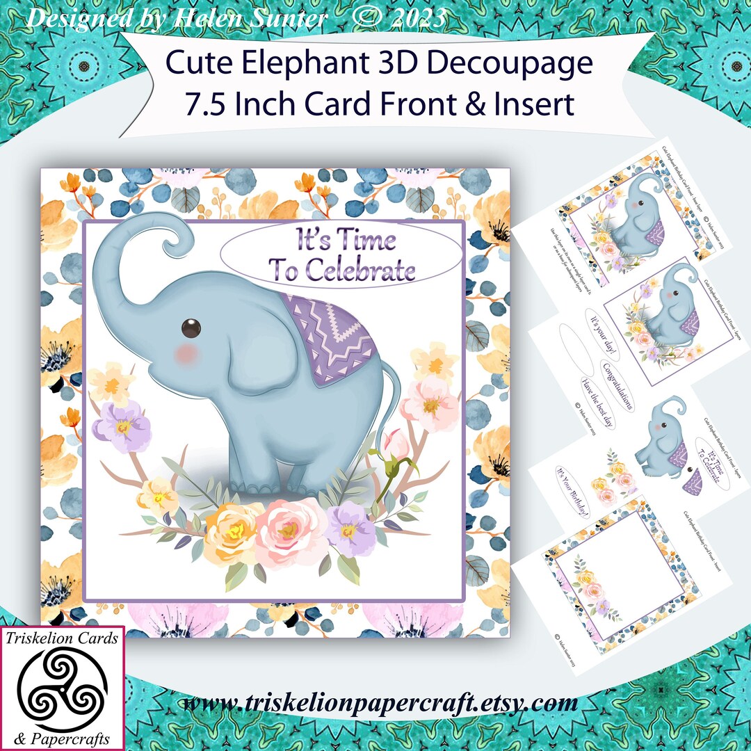 Cute Elephant 3D Decoupage 7.5 Inch Card Front Digital Card - Etsy