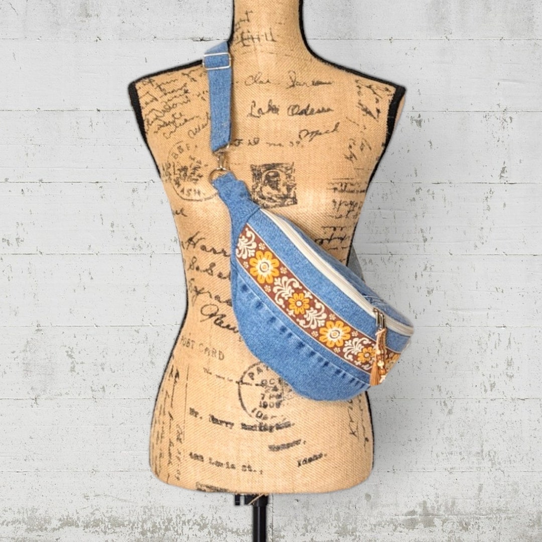 Denim Fanny Pack | Floral Fanny Pack | Blue Crossbody Denim Bag ...