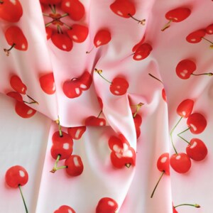 Cherry Fabric, Satin Fabric by the Yard, Red Cherries Satin Fabric by ...