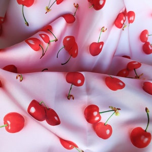 Cherry Fabric, Satin Fabric by the Yard, Red Cherries Satin Fabric by ...