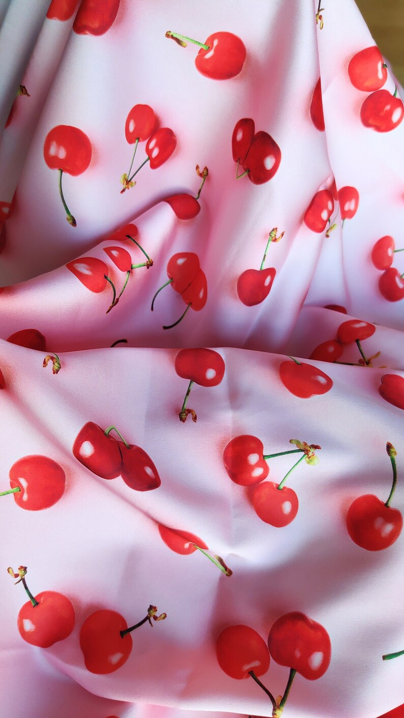 Cherry Fabric, Satin Fabric by the Yard, Red Cherries Satin Fabric by ...