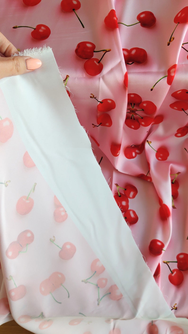 Cherry Fabric, Satin Fabric by the Yard, Red Cherries Satin Fabric by ...
