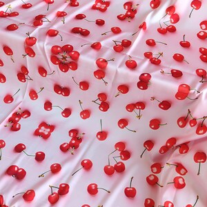 Cherry Fabric, Satin Fabric by the Yard, Red Cherries Satin Fabric by ...