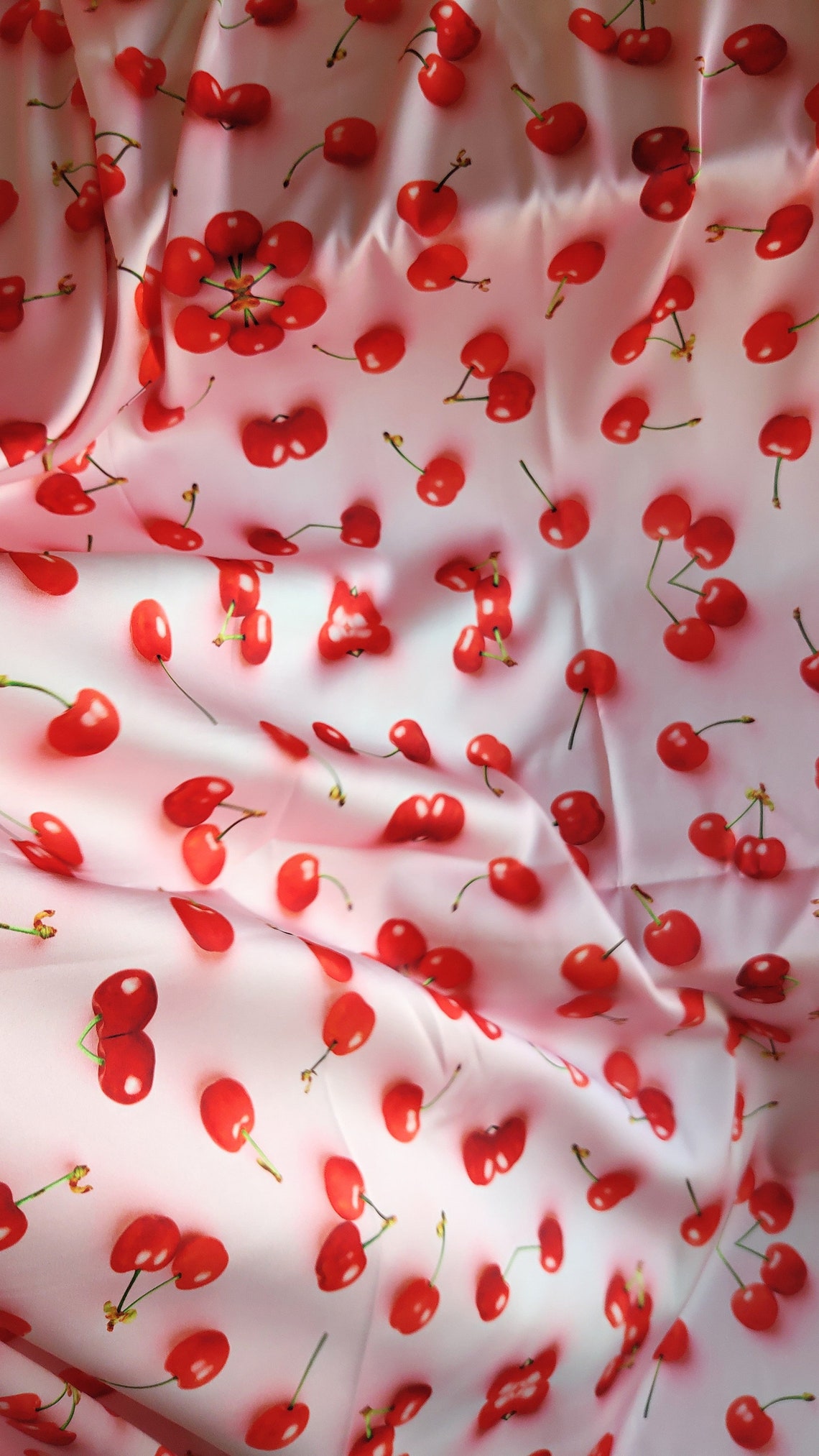 Cherry Fabric, Satin Fabric by the Yard, Red Cherries Satin Fabric by ...