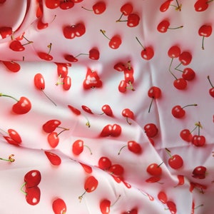 Cherry Fabric, Satin Fabric by the Yard, Red Cherries Satin Fabric by ...