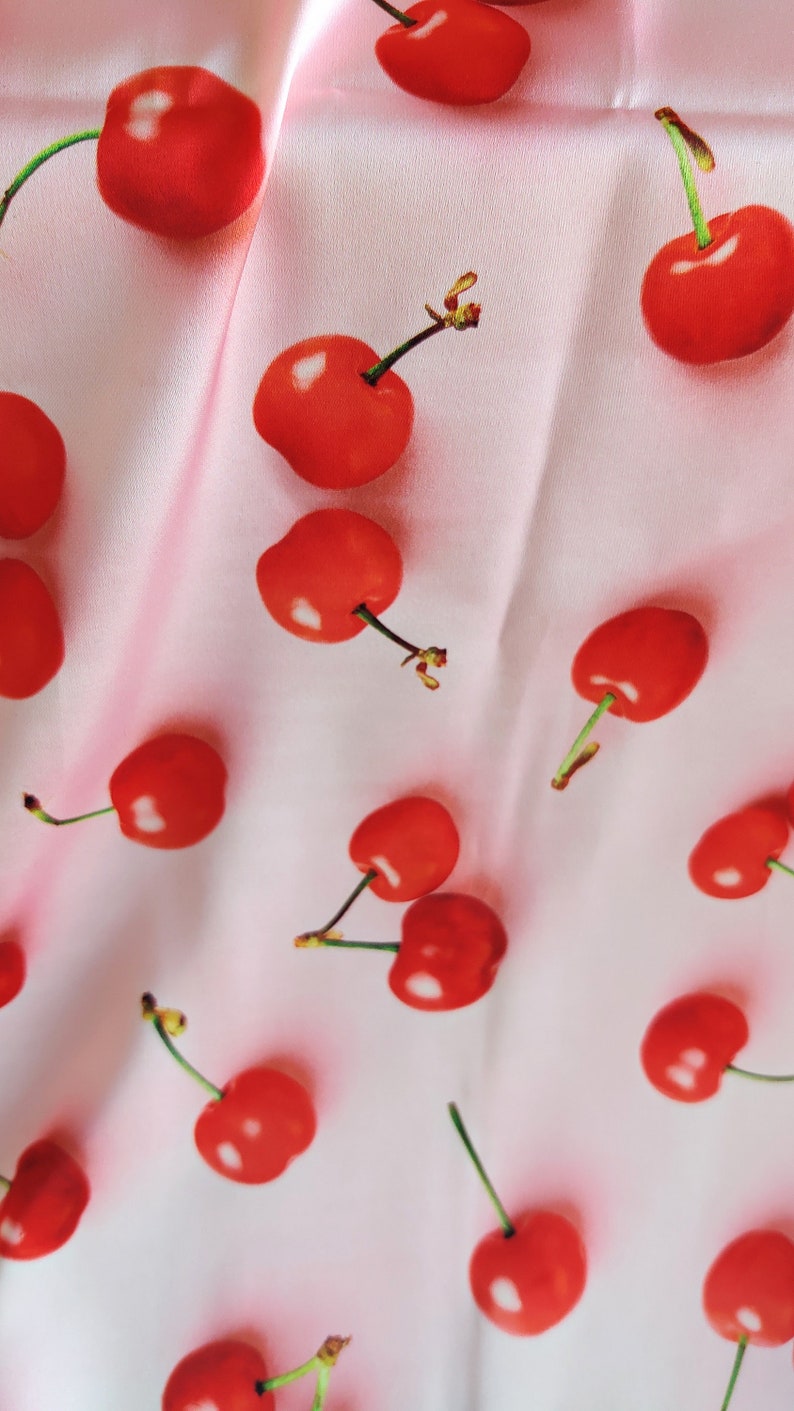 Cherry Fabric, Satin Fabric by the Yard, Red Cherries Satin Fabric by ...