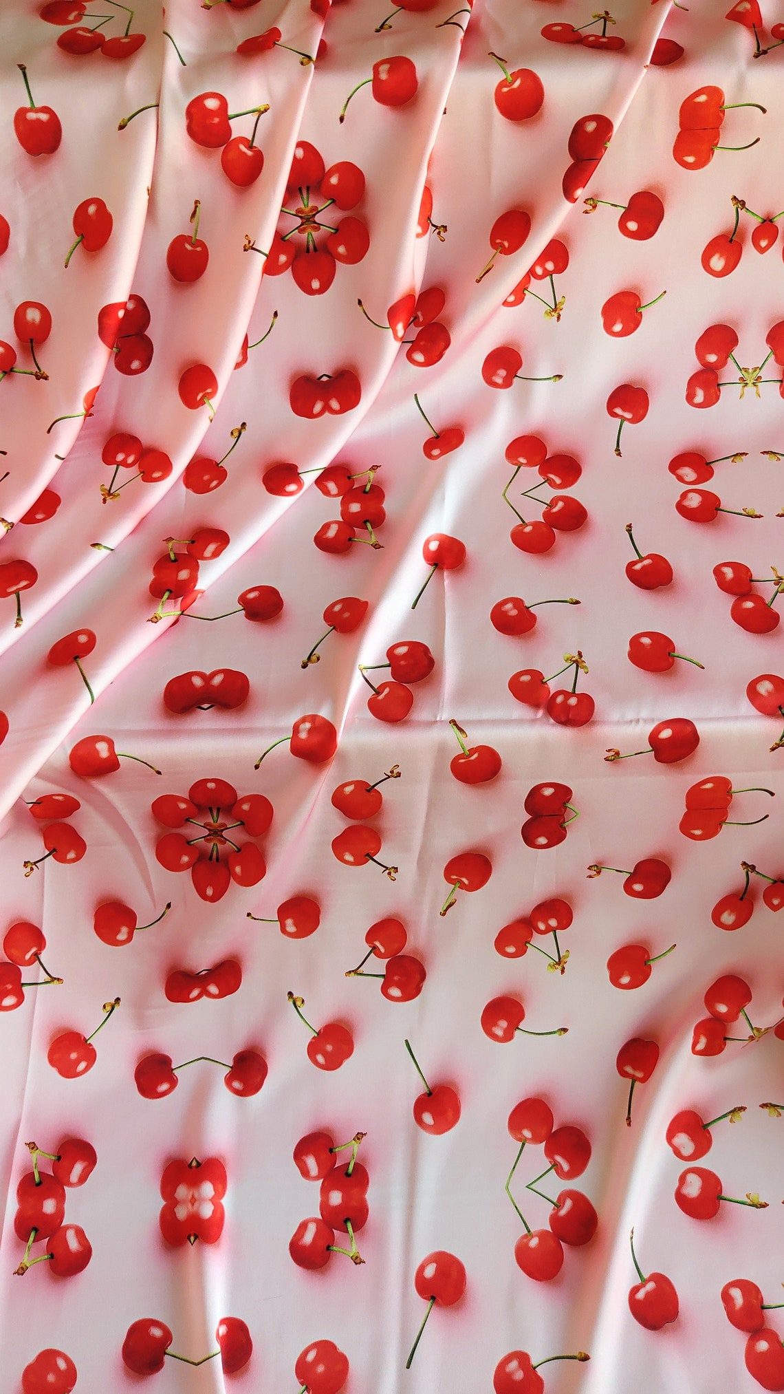 Cherry Fabric, Satin Fabric by the Yard, Red Cherries Satin Fabric by ...