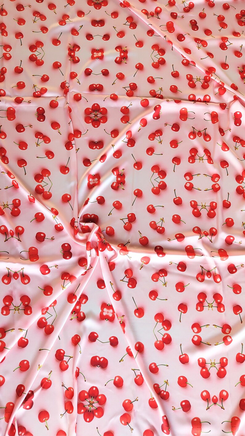 Cherry Fabric, Satin Fabric by the Yard, Red Cherries Satin Fabric by ...