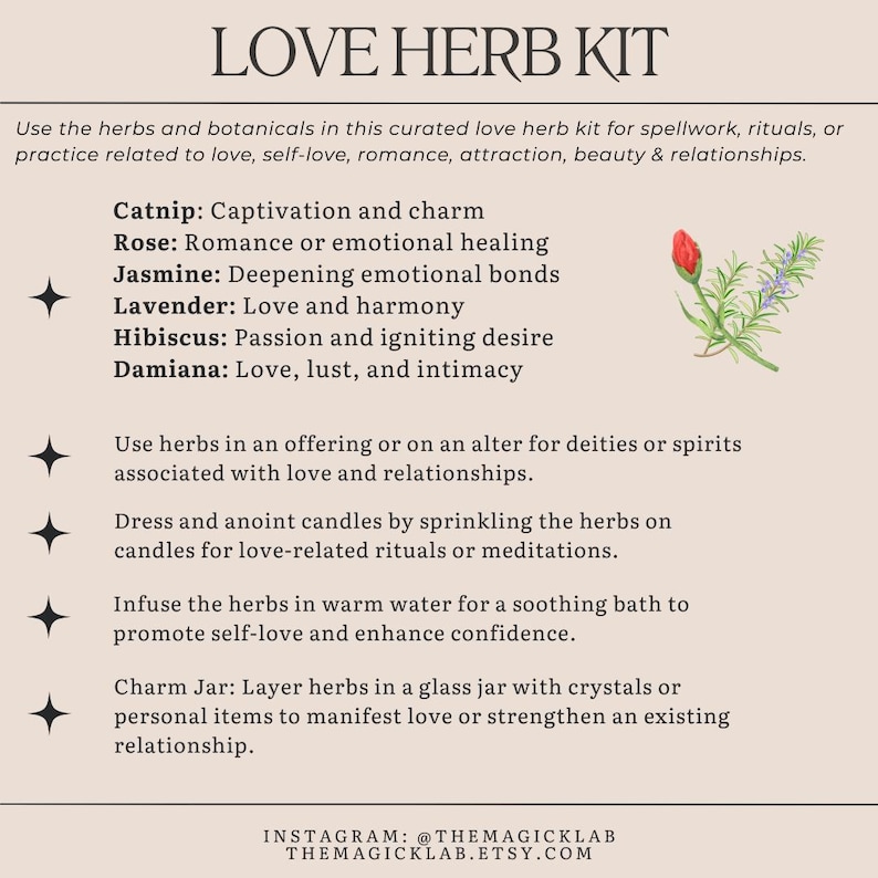 Love Spell Herb Kit Including Rose Quartz, Candle & Common Love Herbs ...