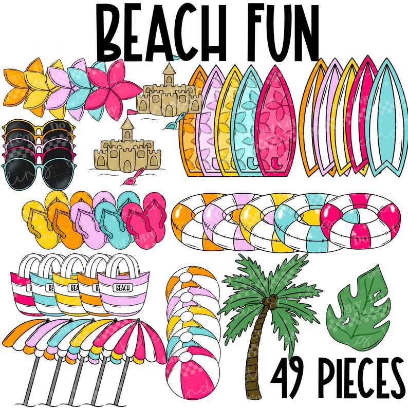 Beach Fun Clipart, Hand-drawn Clipart, PNG, Digital Files, Trendy ...