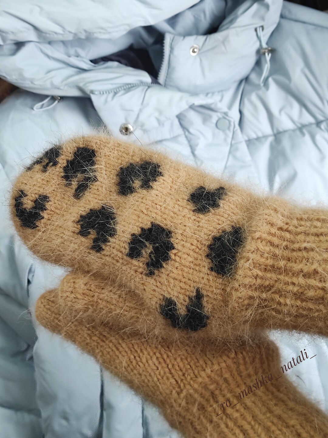 Mittens With Knitting Needles With Leopard Print From Angora. Winter ...