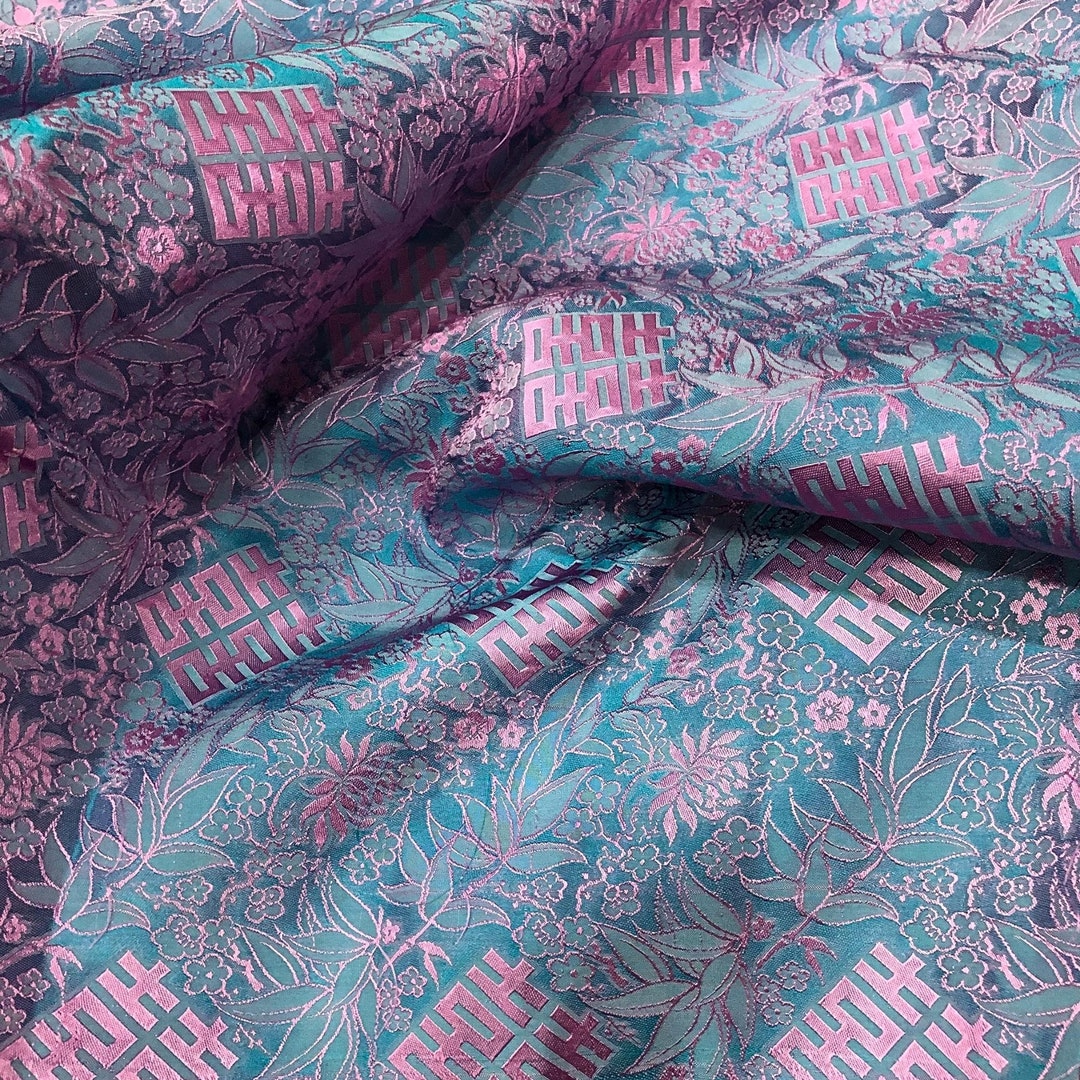PURE MULBERRY SILK Fabric by the Yard - Blue Silk With Pink Pattern ...