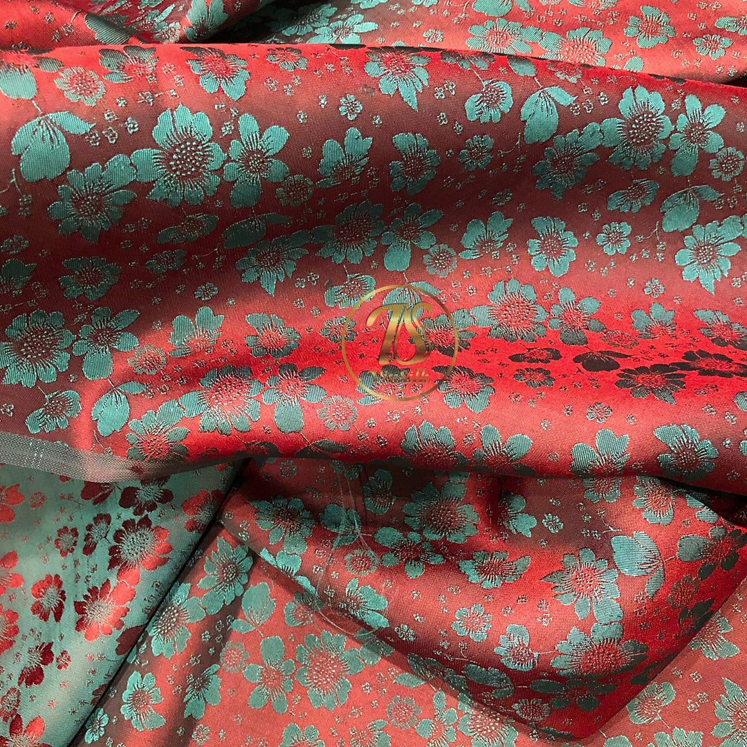 PURE MULBERRY SILK Fabric by the Yard - Red Silk With Gray Floral ...