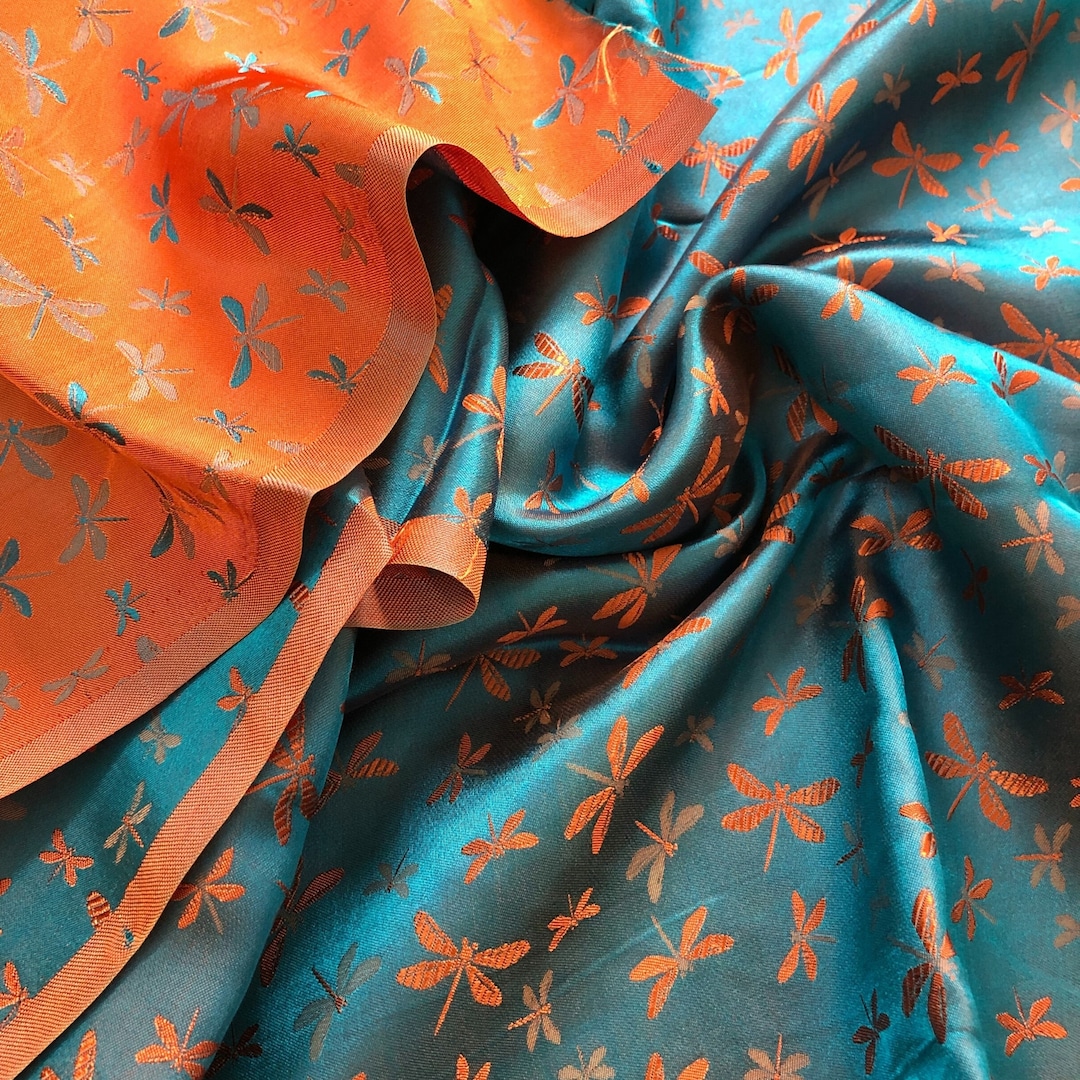 PURE MULBERRY SILK Fabric by the Yard - Blue Silk With Orange Dragonfly ...