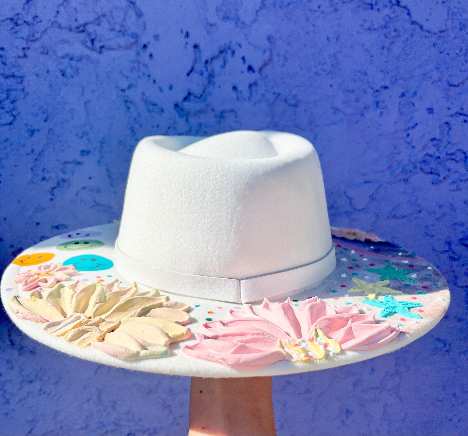 3D Flower Fedora, White Hand Painted Fedora, Flower Painted Hat,retro ...