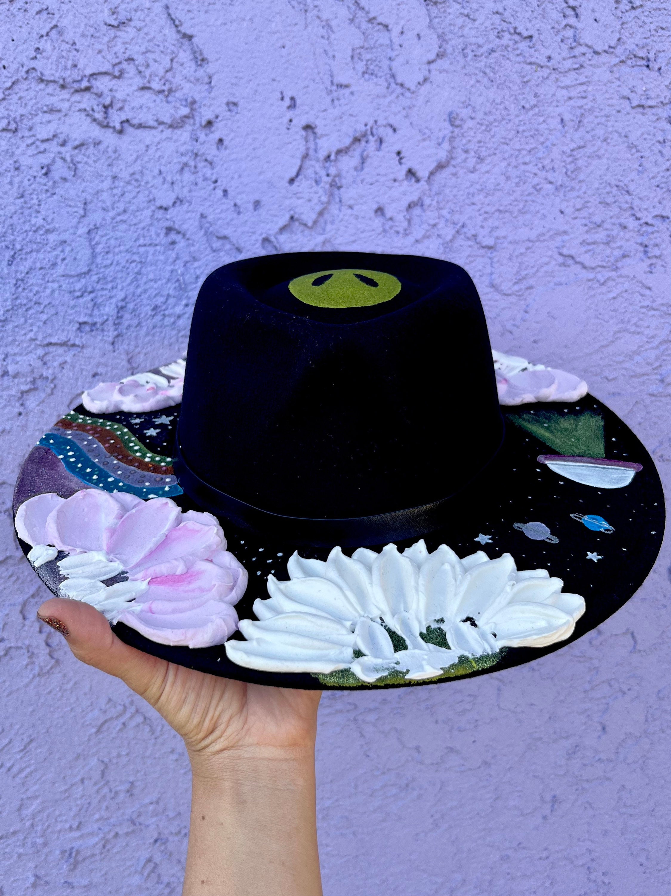 Black Hand Painted Fedora Hat,alien Hat,neon Hat,hand Painted Fedora ...