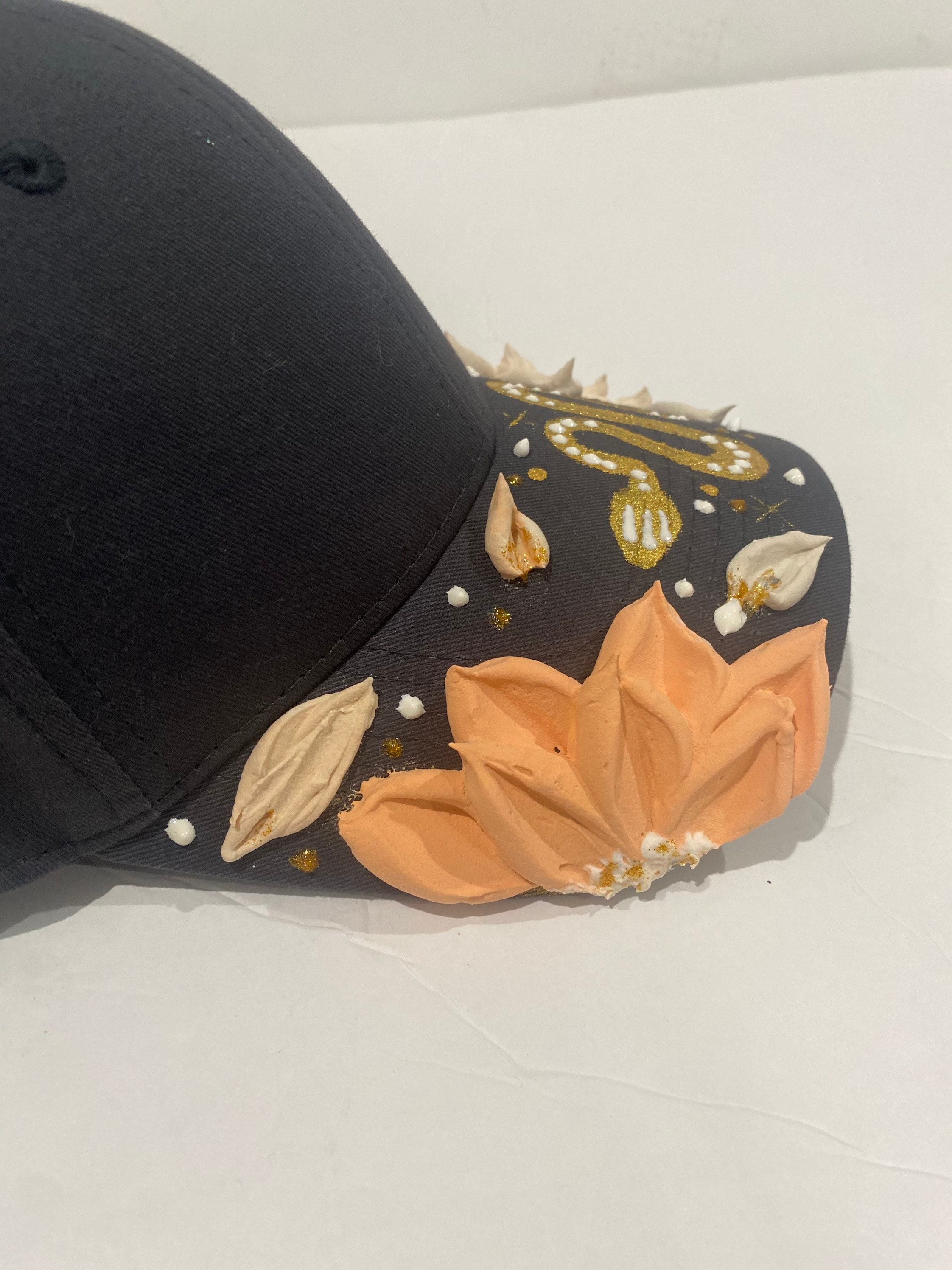 Gray Serpent Baseball Cap, Hand Painted Baseball Cap, Floral Baseball ...