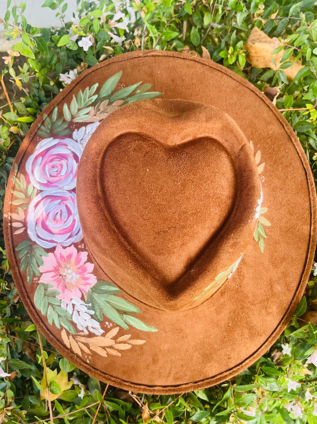 Heart Shape Brown Hat, Corazon Hat, Vintage Hand Painted Flower Hat ...