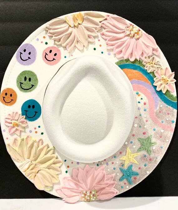 3D Flower Fedora White Hand Painted Fedora Flower Painted | Etsy