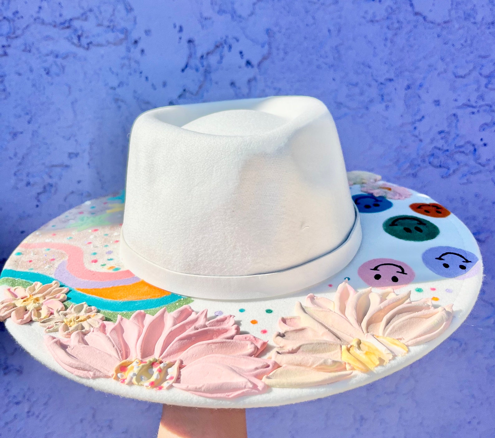 3D Flower Fedora, White Hand Painted Fedora, Flower Painted Hat,retro ...