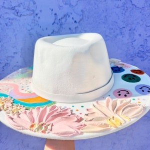 3D Flower Fedora, White Hand Painted Fedora, Flower Painted Hat,retro ...