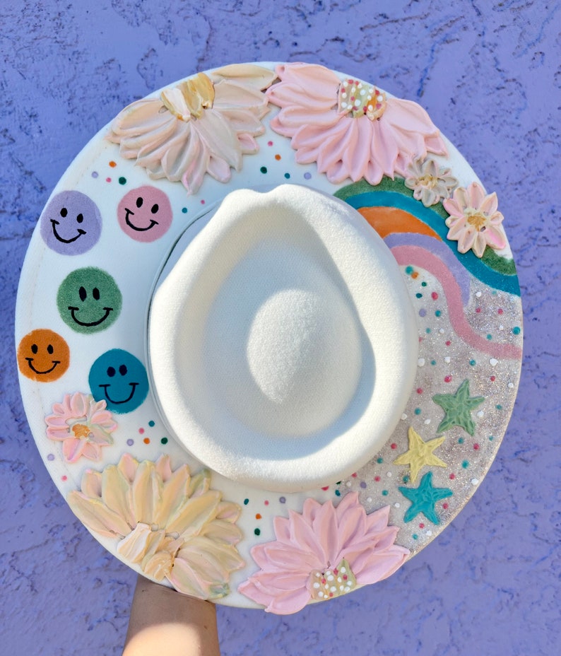 3D Flower Fedora, White Hand Painted Fedora, Flower Painted Hat,retro ...