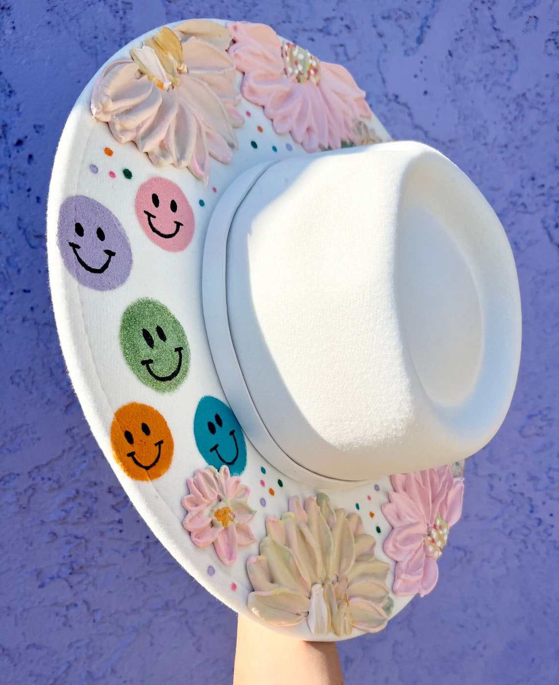 3D Flower Fedora, White Hand Painted Fedora, Flower Painted Hat,retro ...