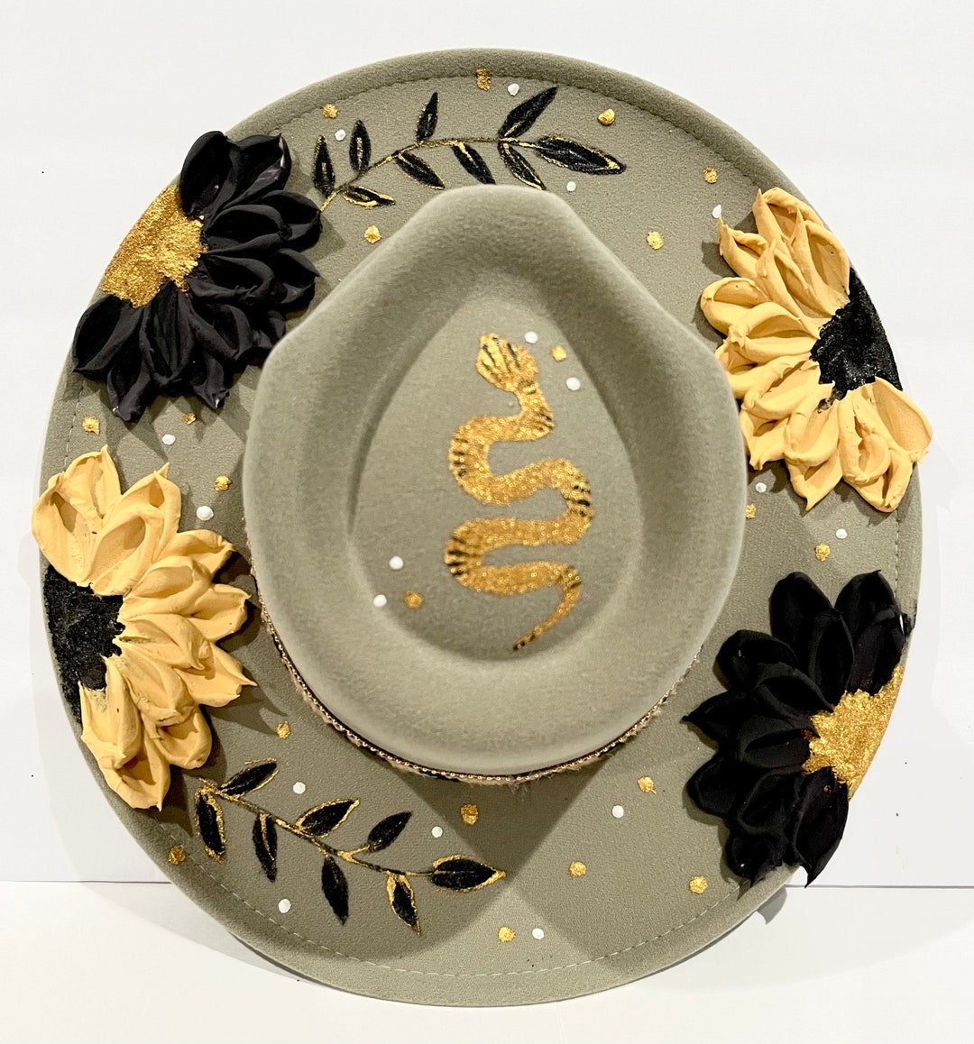 Olive Green Fedora, Hand Painted Hat, Snake Painted Hat, Wide Brim ...