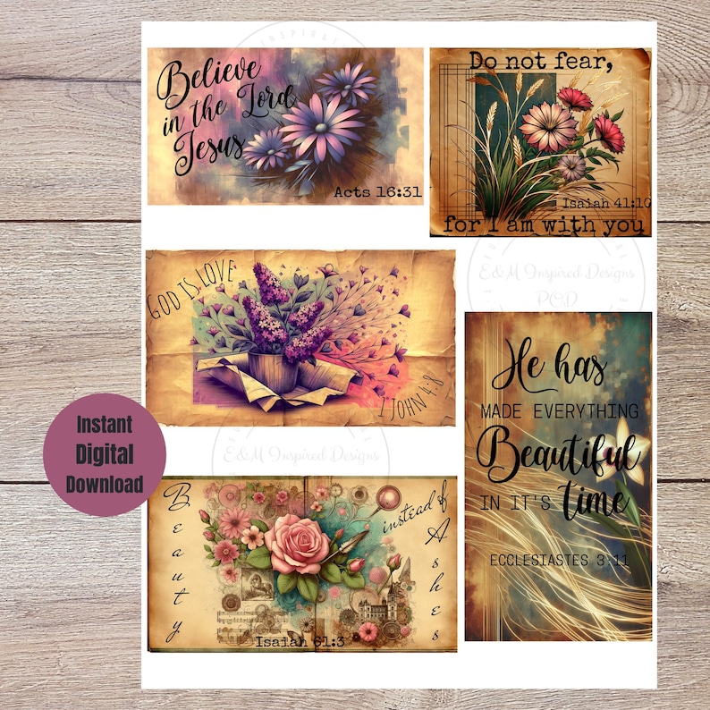 Vintage Floral Bible Verse Cards: Christian Printable Ephemera (digital ...