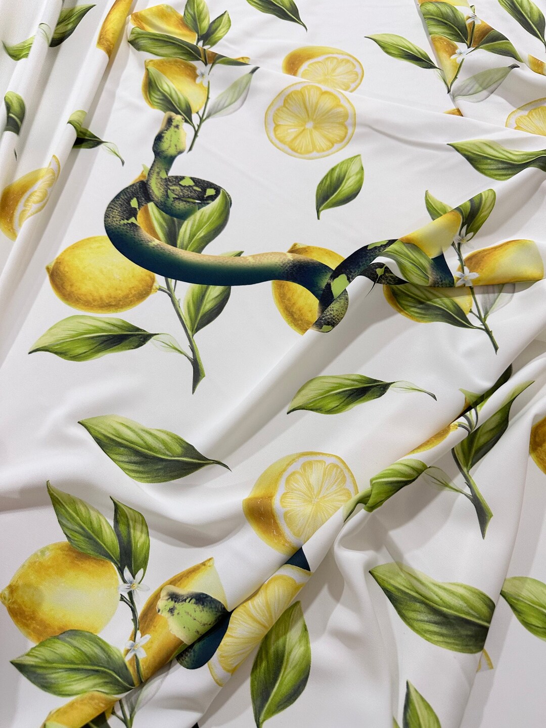 Snake Lemon Pattern Fabric, Lemon Pattern Silky Crepe Fabric, Luxe ...