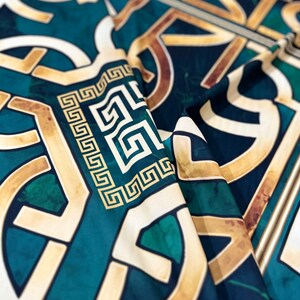 Green Gold Crepe Silky Fabric, Greek Key Pattern Fabric , Fabric by the ...