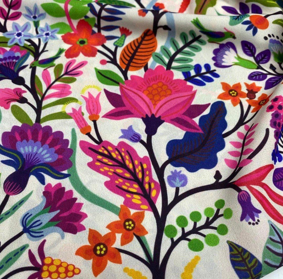 Mexican Flowers Crepe Fabric - Floral Pattern Fabric for Sewing and ...
