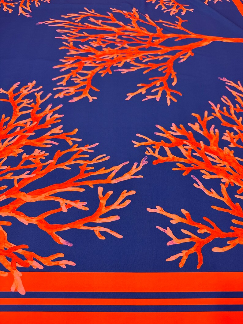 Coral Pattern Fabric Red and Navy Blue Color Silky Crepe - Etsy