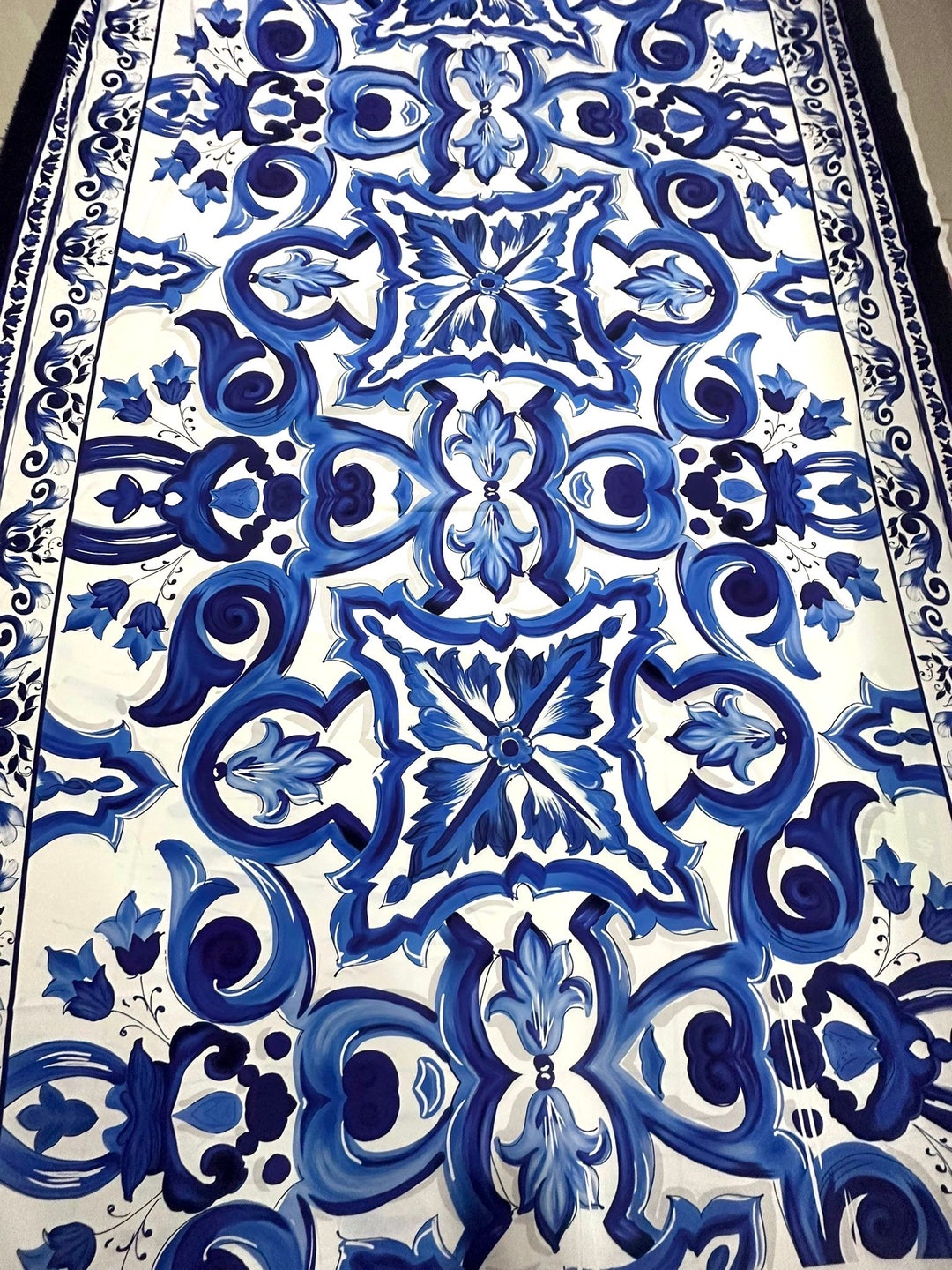 Big Majolica Pattern Fabric, Blue Sicilian Print Silky Crepe Fabric ...