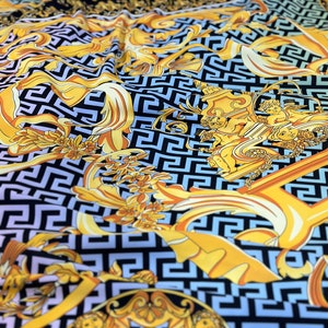 Greek Key Pattern Fabric, Gold Baroque Silky Crepe Fabric , Panel ...