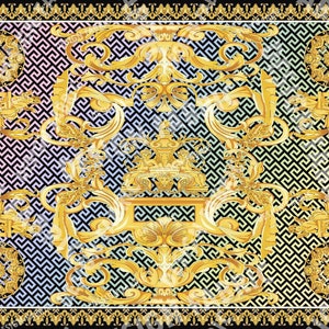 Greek Key Pattern Fabric, Gold Baroque Silky Crepe Fabric , Panel ...