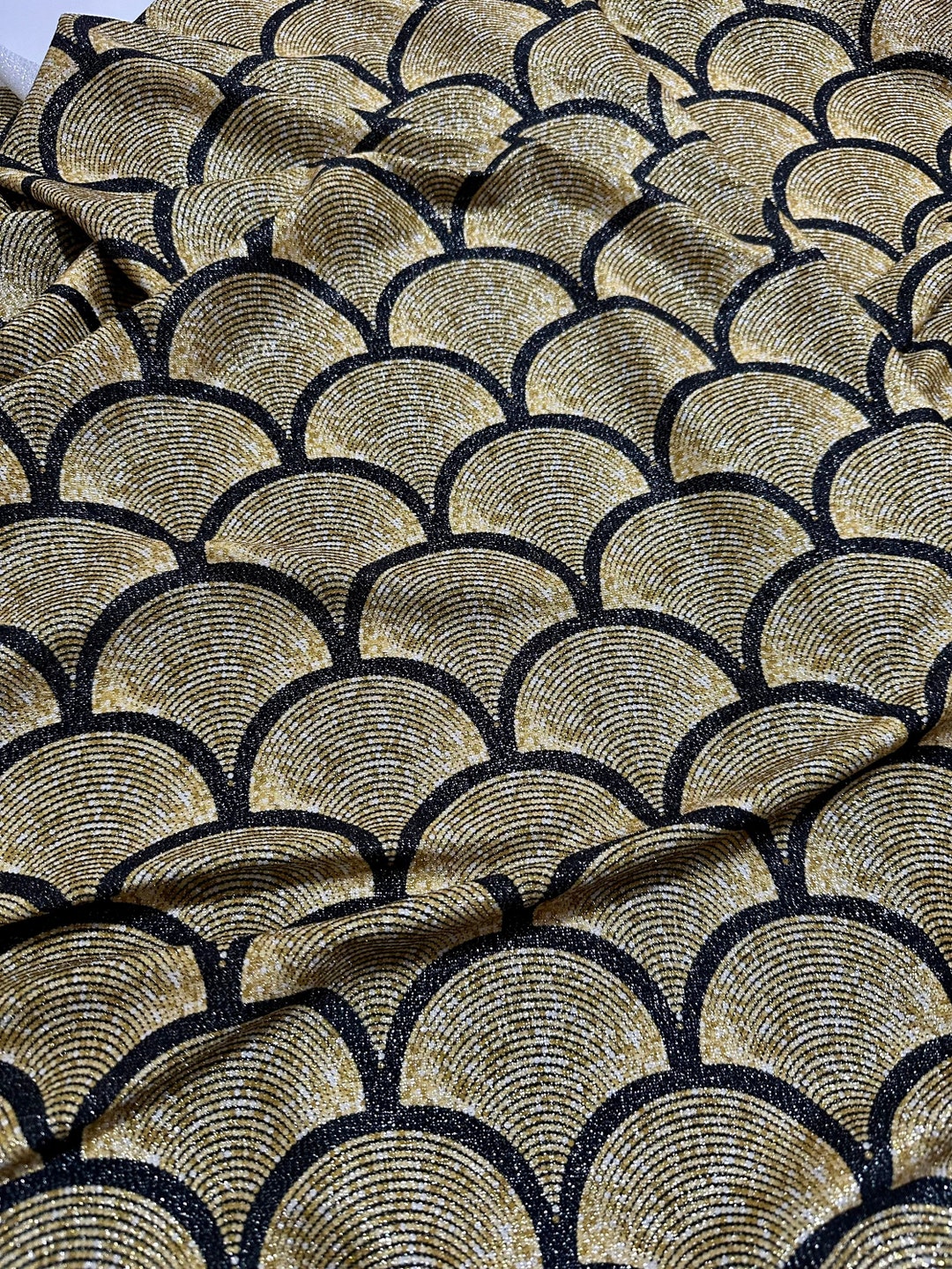 Gold Shimmer Lurex Fabric, Fish Scale Pattern Glitter 2-way Stretch ...