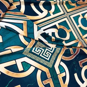 Green Gold Crepe Silky Fabric, Greek Key Pattern Fabric , Fabric by the ...
