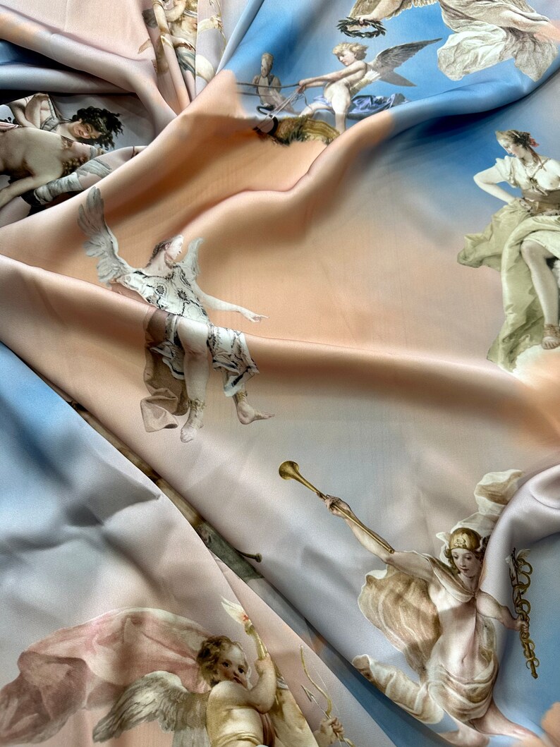 Angel Print Silky Satin Fabric Sky Color Pattern Fabric Luxe - Etsy