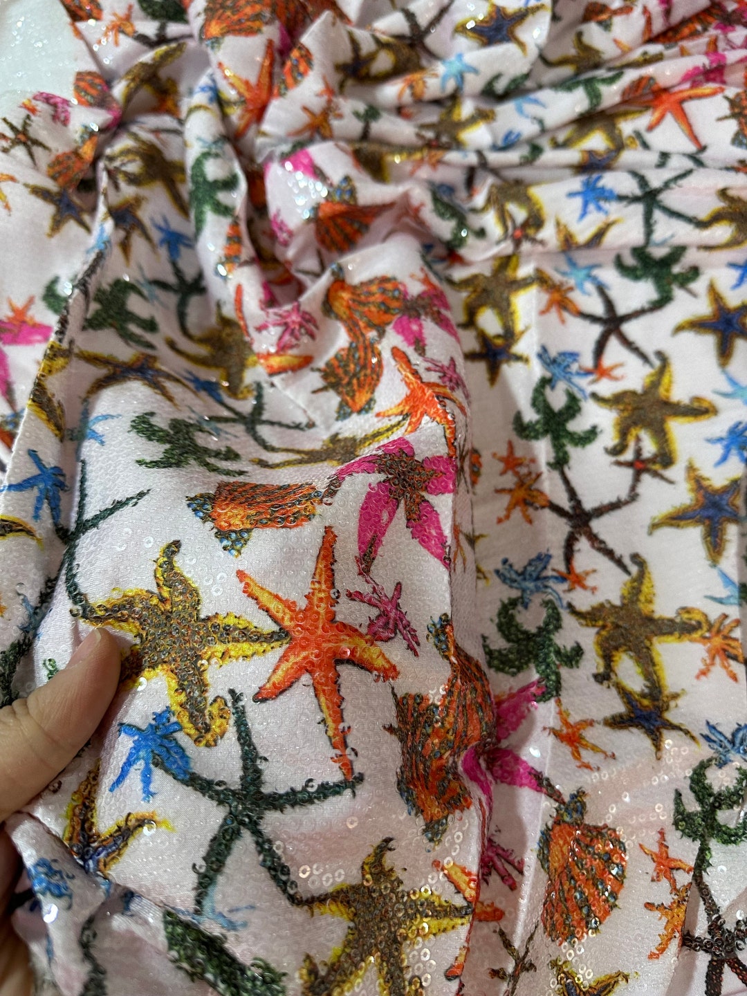 Sea Shell Pattern Sequin Fabric, 2-way Stretch Sequin Fabric, Fabric by ...