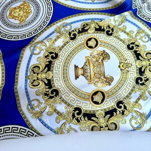 Royal Blue Pure Silk Fabric Greek Pattern Silk Satin Fabric - Etsy
