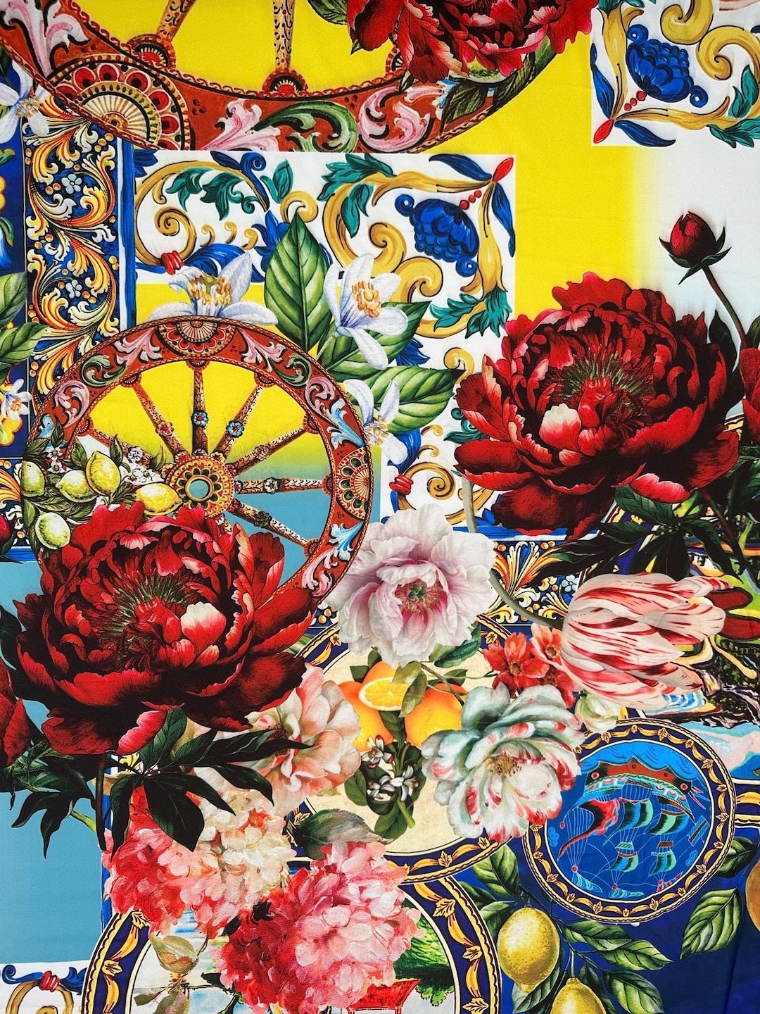 Abstract Italian Pattern Silky Crepe Fabric, Majolica Pattern Luxe ...