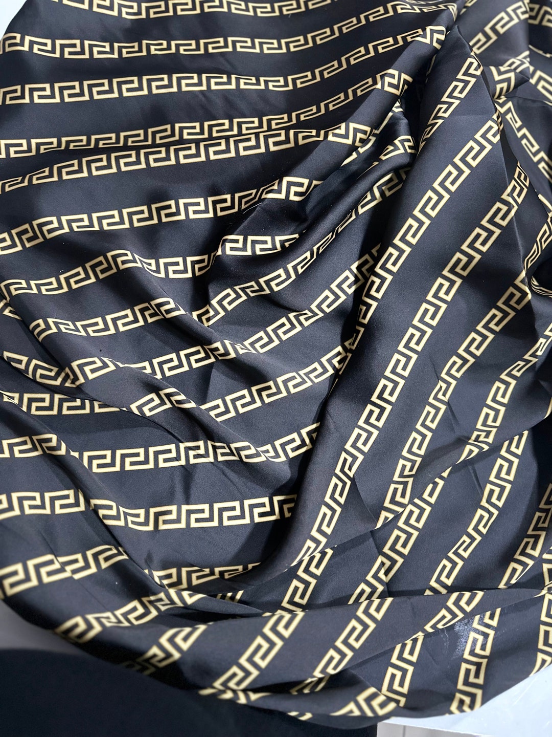 Greek Key Pattern Silky Satin Fabric, Gold Black Color Fabric by the ...