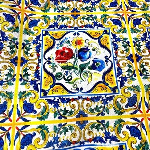 Majolica Pattern Linen Fabric - Blue and Yellow Floral Fabric - Etsy