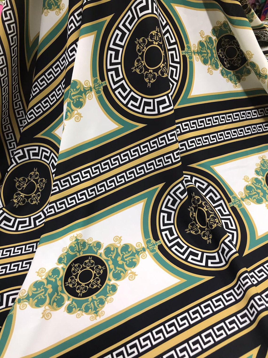 Black Silky Crepe Fabric Greek Key Pattern Fabric Fabric by - Etsy