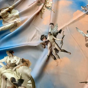 Angel Print Silky Satin Fabric, Sky Color Pattern Fabric, Luxe Fabric ...